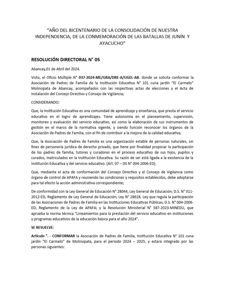 Resolucion Directoral Conformacion de APAFA 2024 EL CAMELO | PDF | Justicia | Crimen y violencia