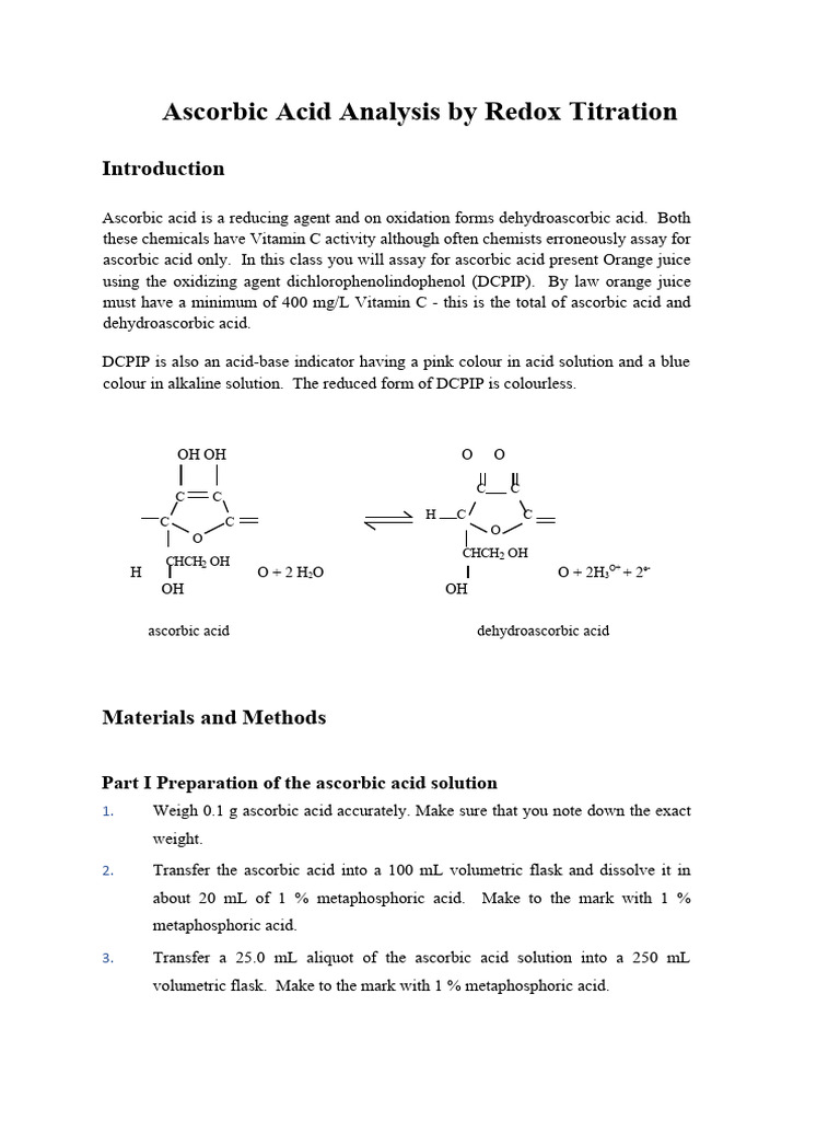 Ascorbic Acid Analysis by Redox Titration | PDF | Titration | Chemistry