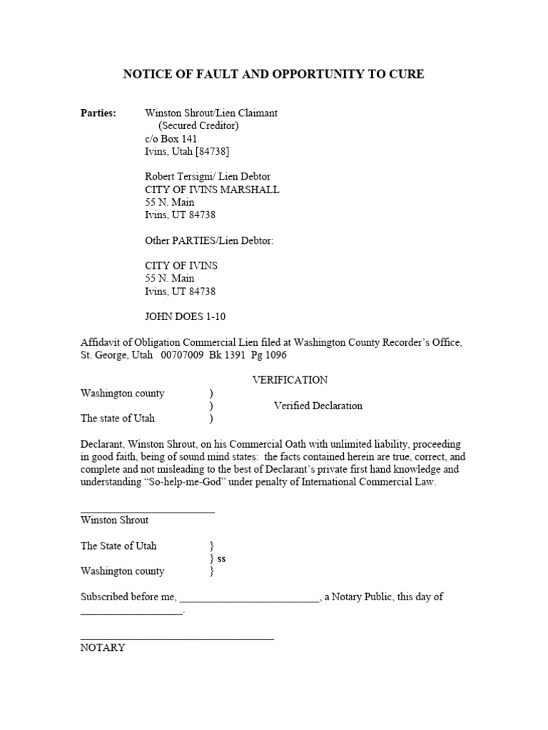 Winston's Notice of Fault - opp to cure | PDF | Lien | Affidavit