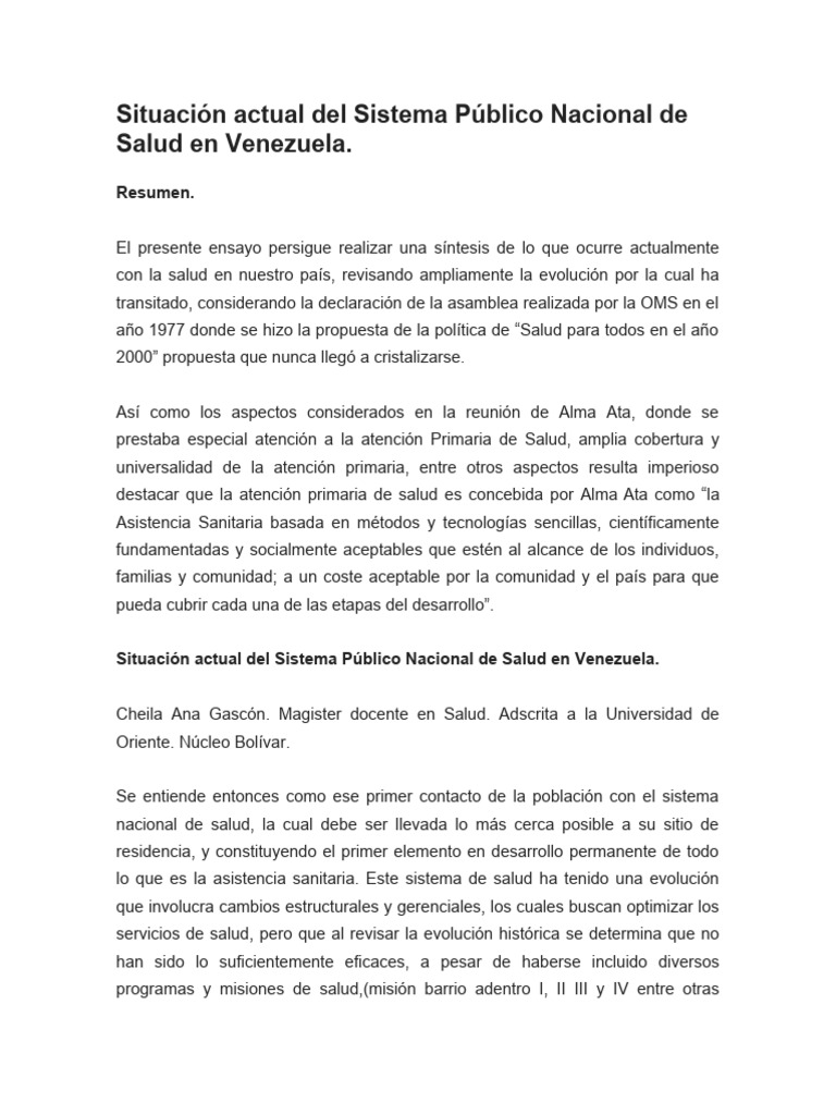 Situación Actual Del Sistema Público Nacional de Salud en Venezuela ...
