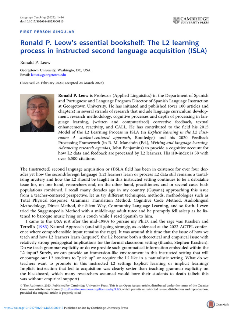 Ronald P Leows Essential Bookshelf The l2 Learning Process in Instructed Second Language ...