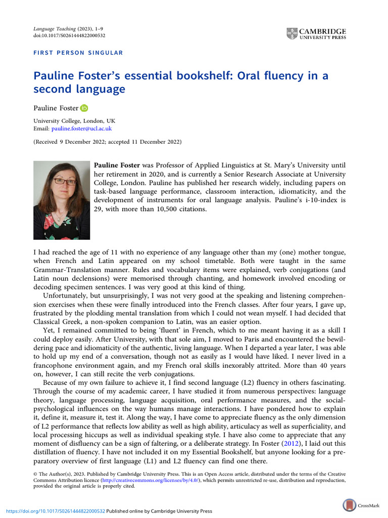 Pauline Fosters Essential Bookshelf Oral Fluency in A Second Language | PDF | Fluency | Second ...