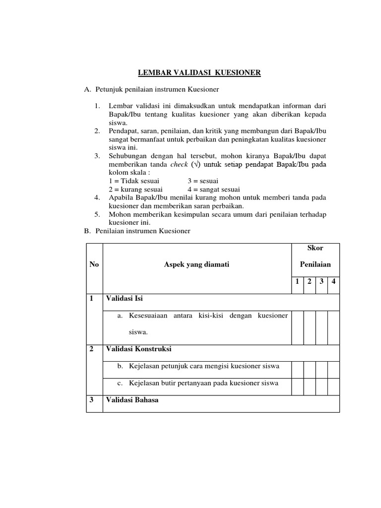 Validasi Kuesioner untuk Siswa | PDF