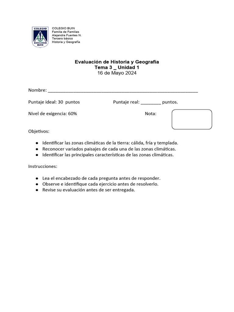 Ev. Historia y Geografía - Tema 3 - U1 | PDF | Clima templado | Ecuador