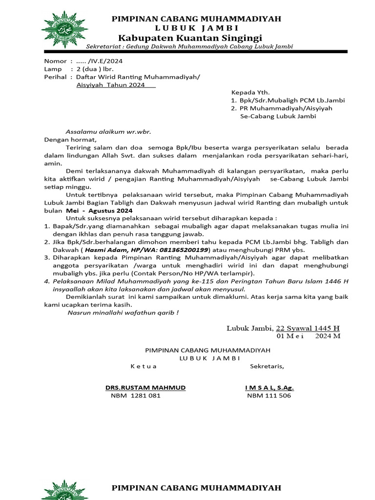 Surat Pengantar Wirid Ranting | PDF