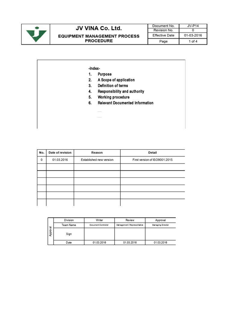 JV-P14 Equipment Management Process (OK) | PDF | Iso 9000 | Computing