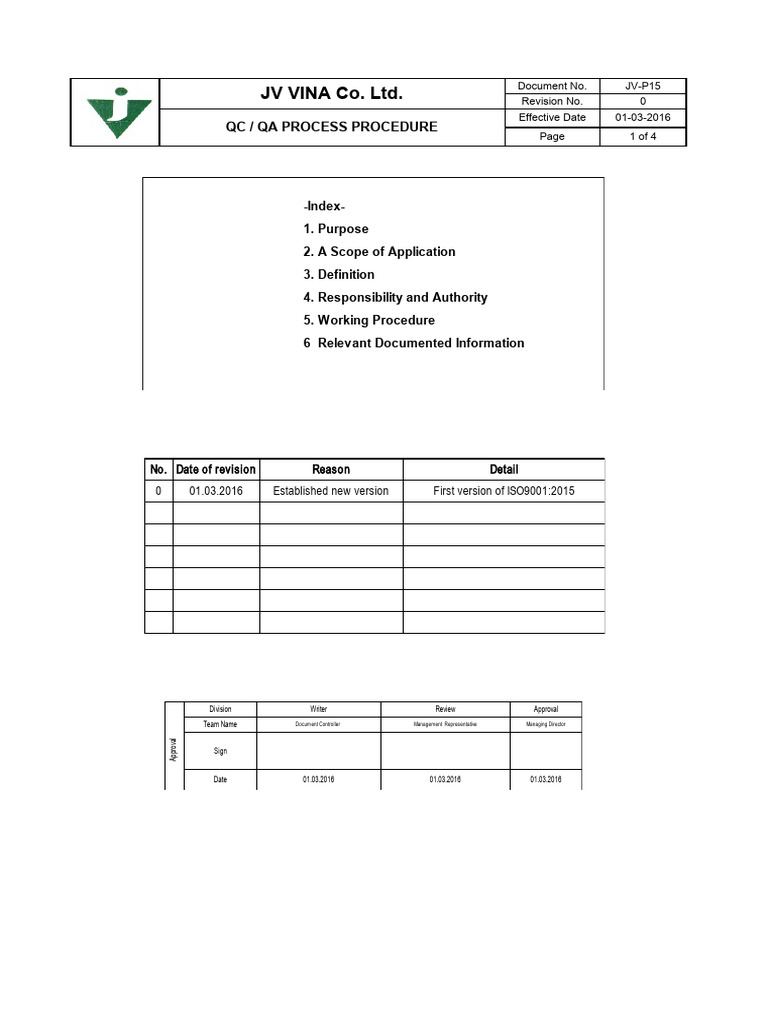 JV-P15 QC and QA Procedure (OK) | PDF | Quality Assurance | Evaluation Methods