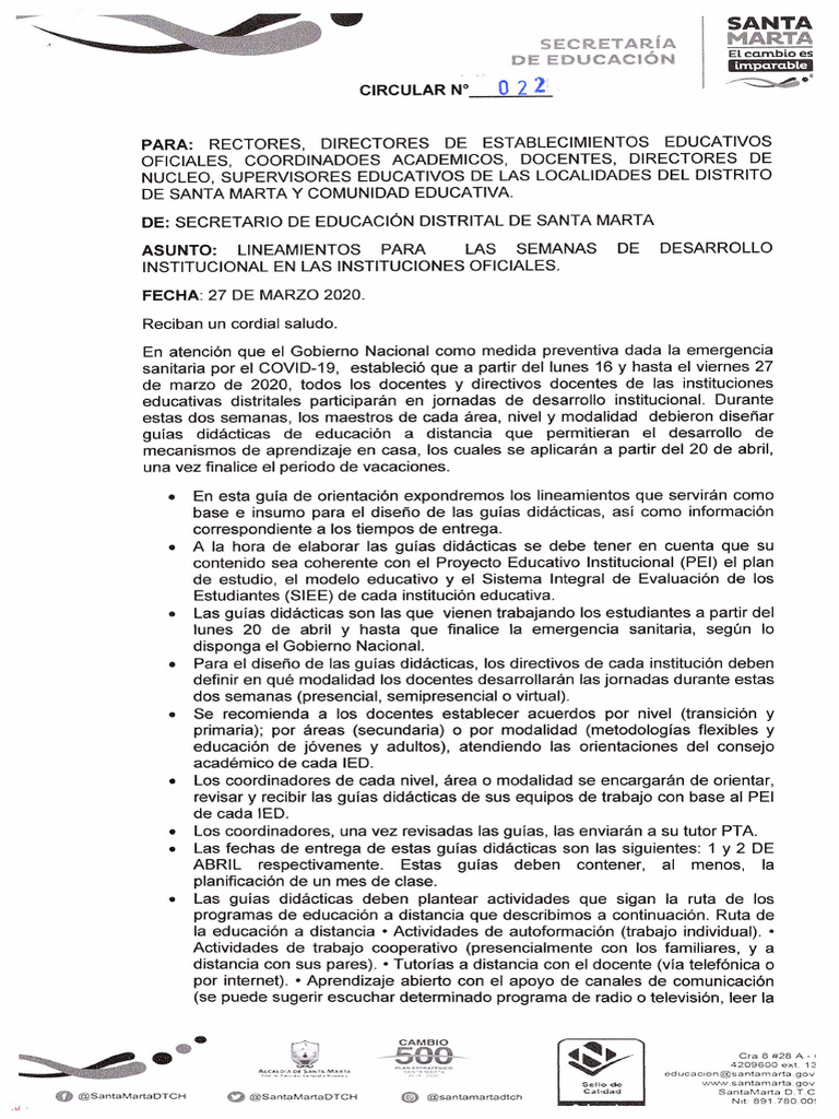 Circular 022 Lineamientos para Semanas de Desarrollo | PDF