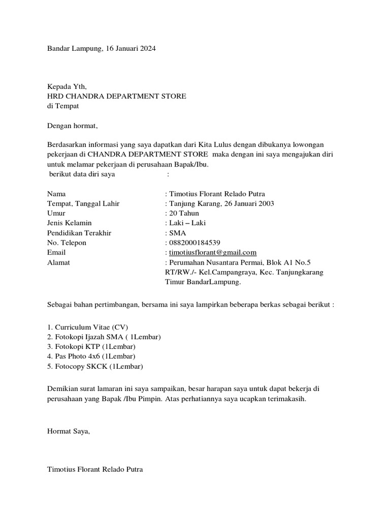 Surat Lamaran Kerja di Chandra Store | PDF