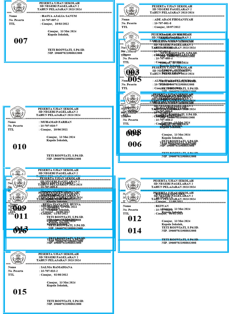 Label Peserta Ujian Sekolah 2024 | PDF