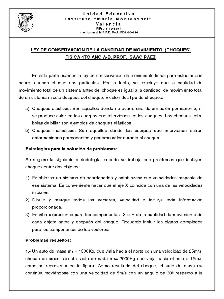 Teoria de La Ley de Conservación de La Cantidad de Movimiento. (Choques) | PDF | Impulso ...