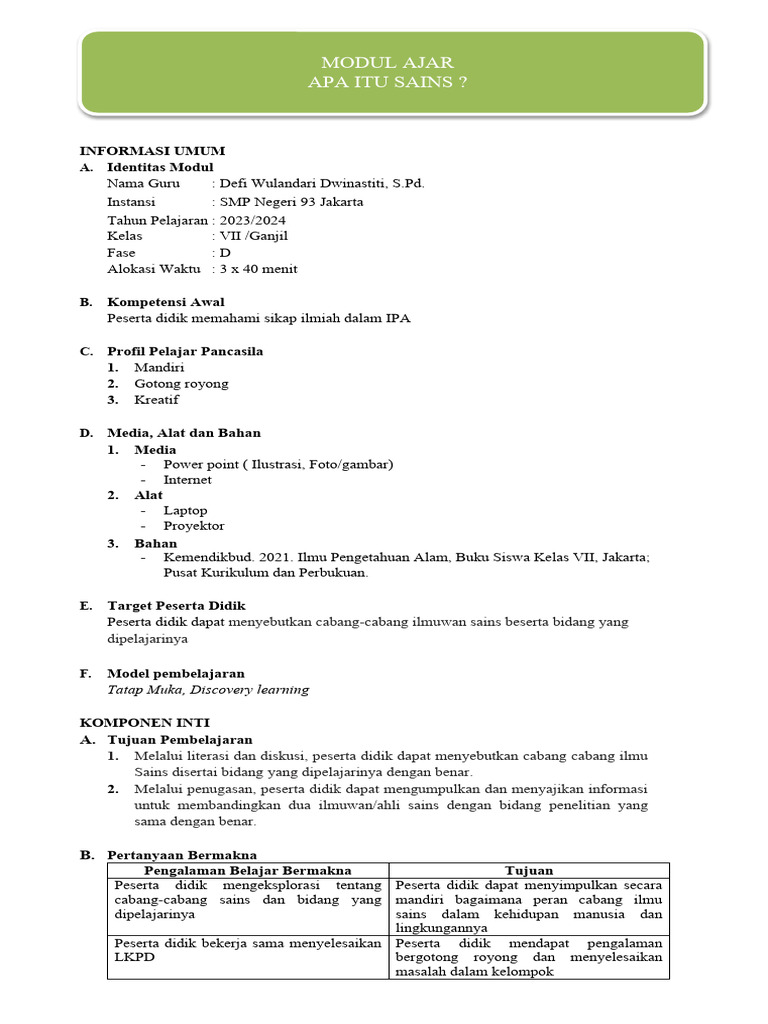 Modul Ajar 1. Apa Itu Sains. | PDF