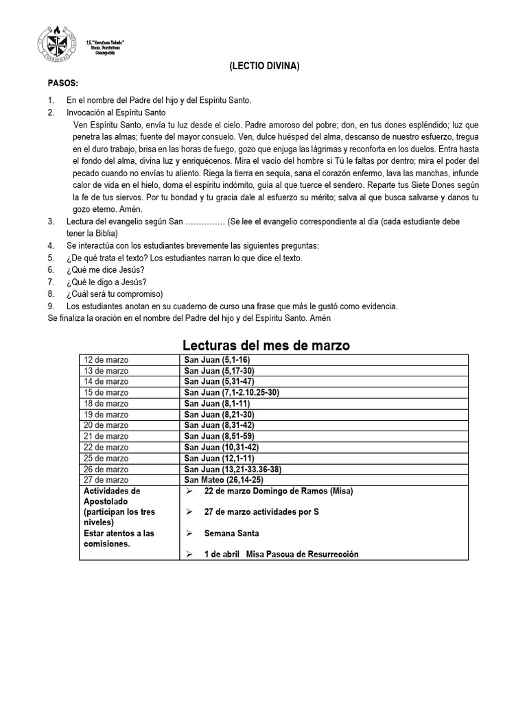 Lectio Divina y Lecturas Del Mes de Marzo | PDF | Juan el apóstol | Creencia religiosa y doctrina