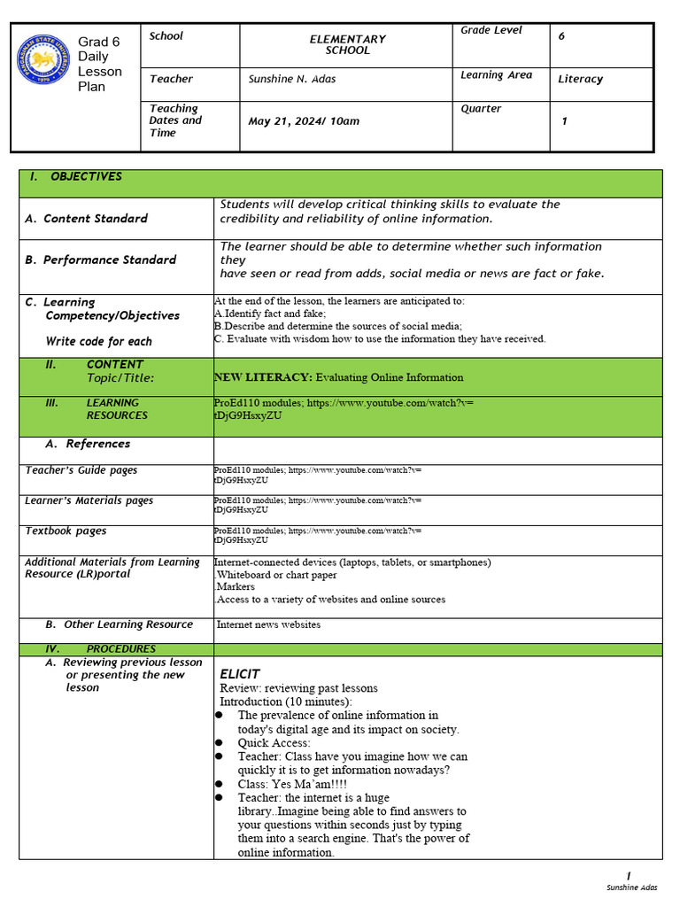Evaluating Online Information in Literacy | PDF | Critical Thinking ...