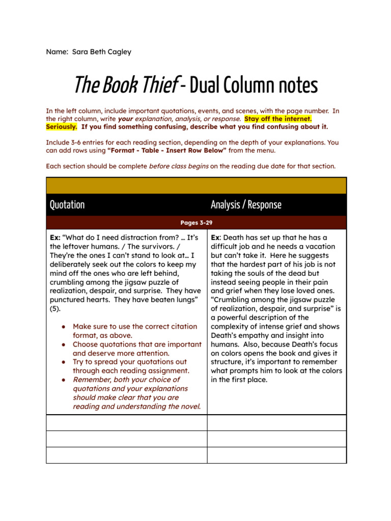 Sara Beth Cagley - Dual Column Notes - The Book Thief | PDF