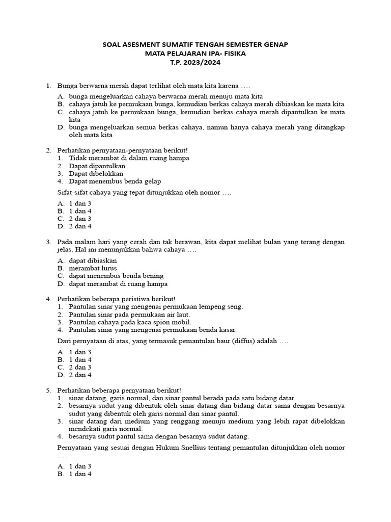 Contoh Soal Optika Geometri SMP Kelas 8 | PDF | Griya & Taman | Seni