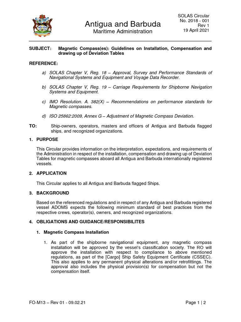 SOLAS Circular 2018 001 Rev 1 Magnetic Compasses - Guidelines On ...