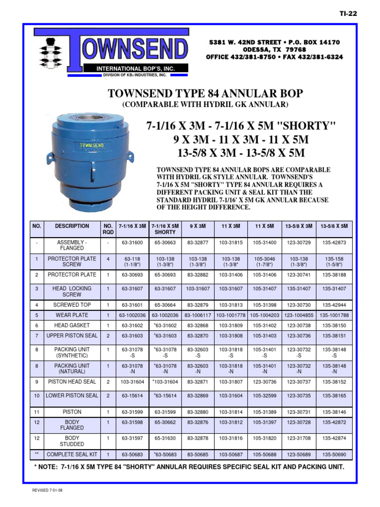 Townsend Type 84 BOP Specifications | PDF | Pressure | Mechanical ...