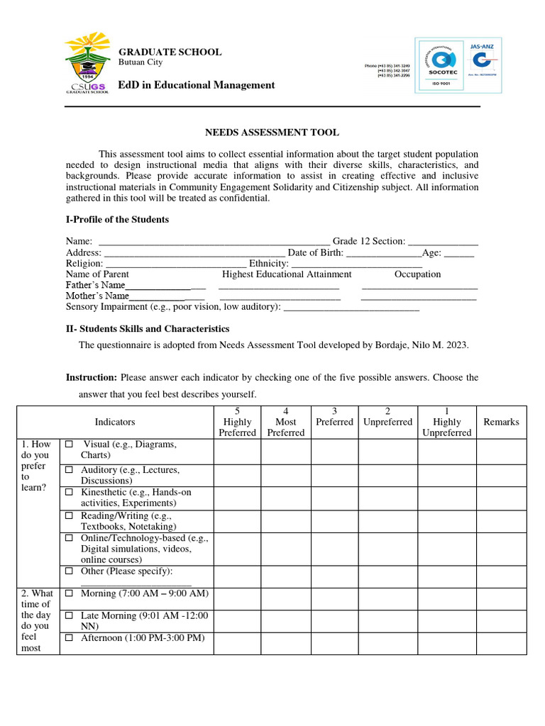 Needs Assessment Tool Social Science | PDF | Learning | Community