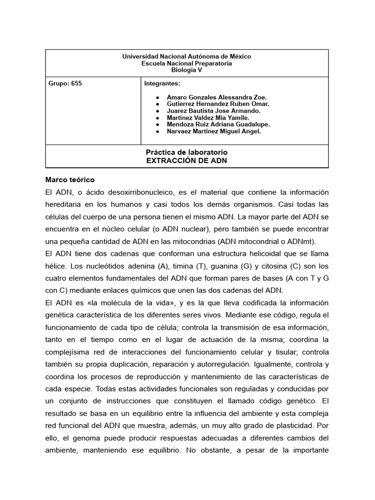 Práctica Extracción de ADN | PDF | Adn | Biología Celular)