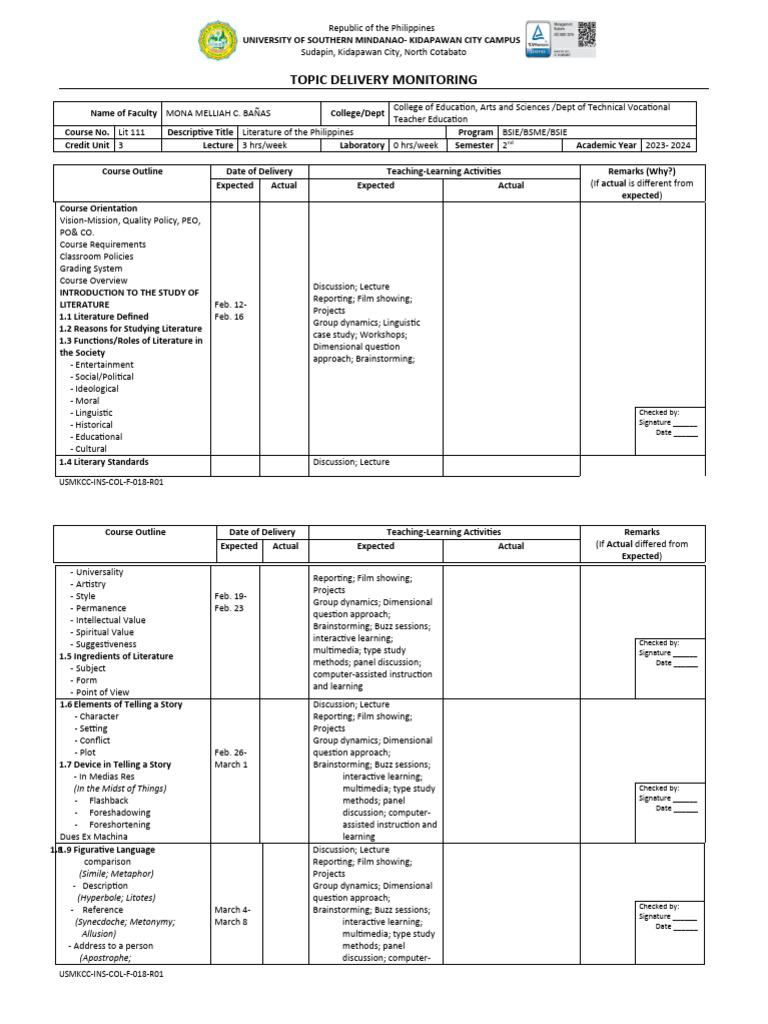 USMKCC INS COL F 018 R01 Topic Delivery Monitoring Form LIT Engg | PDF ...