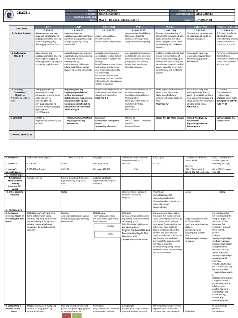 DLL - All Subjects 2 - Q4 - W6 - D4 | PDF | Cognitive Science | Cognition