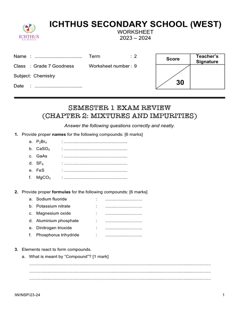 SA1 Review (Chapter 2) TERM2 | PDF | Mixture | Solubility