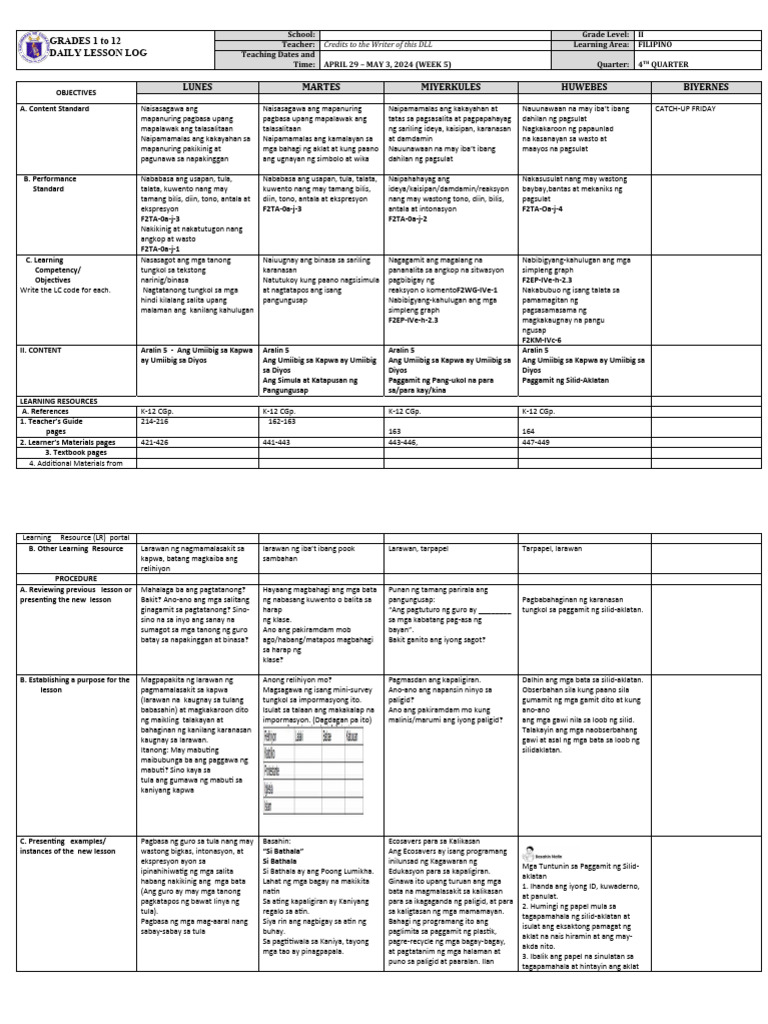 DLL - Filipino 2 - Q4 - W5 | PDF