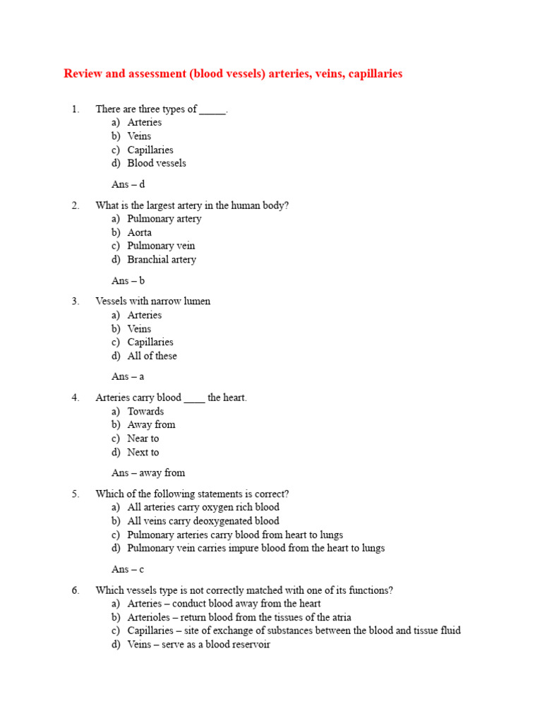 Review and Assessment (Blood Vessels) | PDF | Artery | Vein