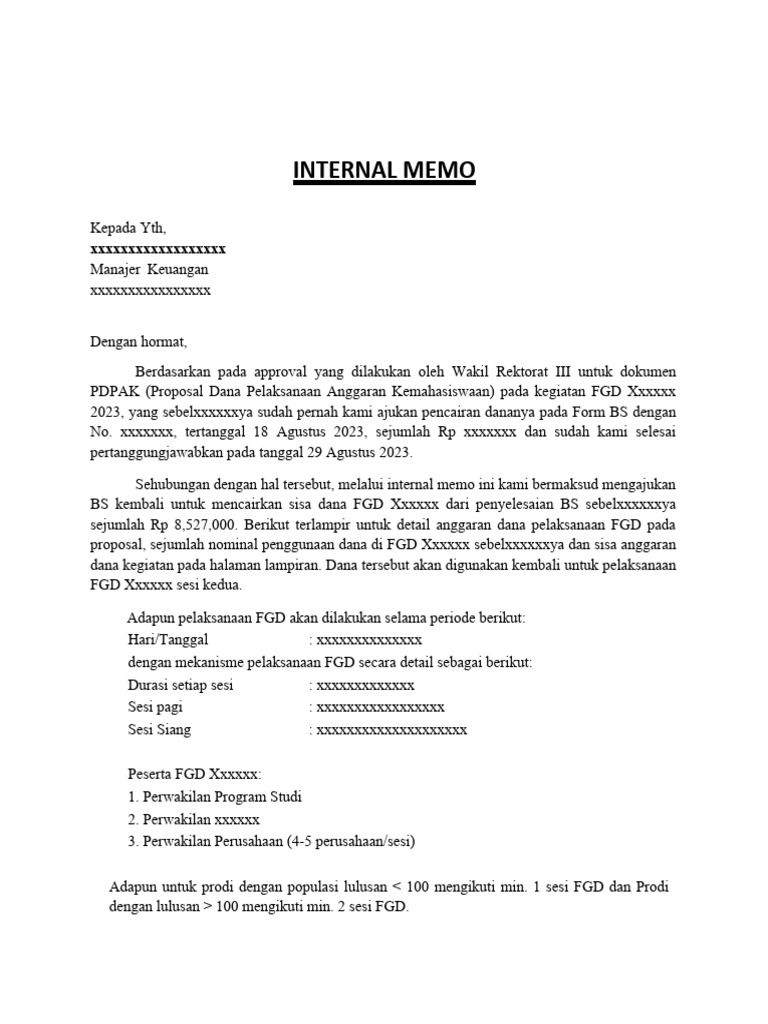 Memo Internal Penurunan Dana FGD Template 3 | PDF