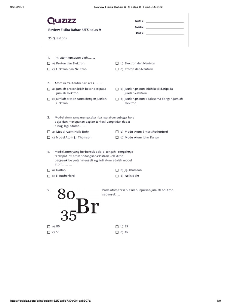 Review Fisika Bahan UTS Kelas 9 - Print - Quizizz | PDF