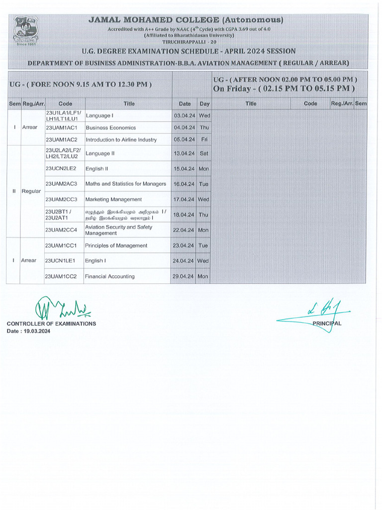 UG Degree Examination Shedule April 2024 | PDF