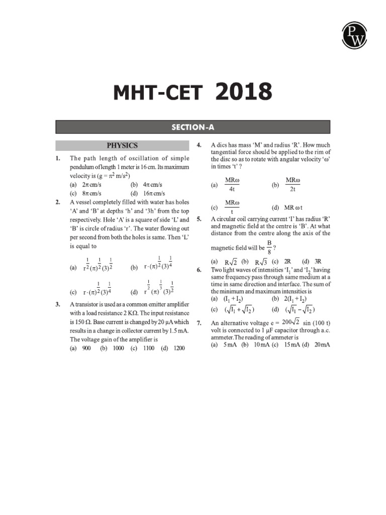 MHT CET 2018 Previous Year Paper | PDF