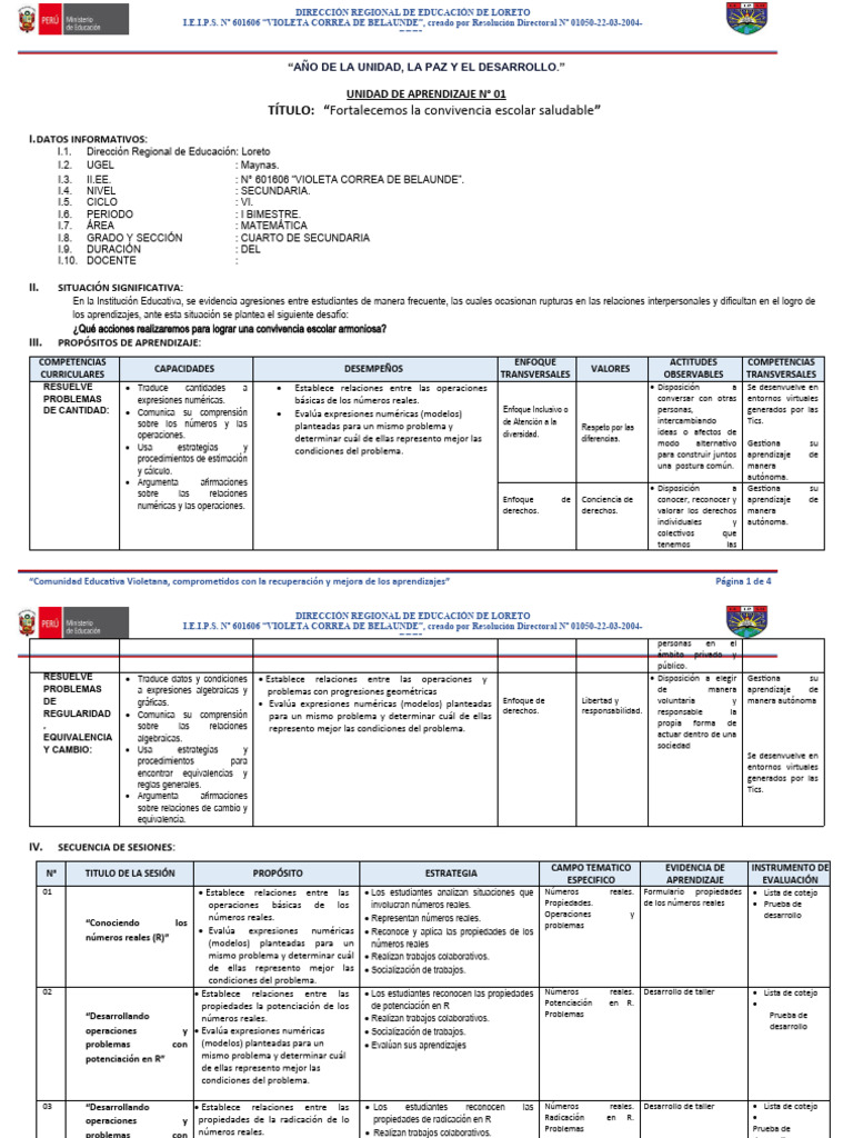 Unidad de Aprendizaje N 01 - Cuarto Secundaria | PDF | Aprendizaje