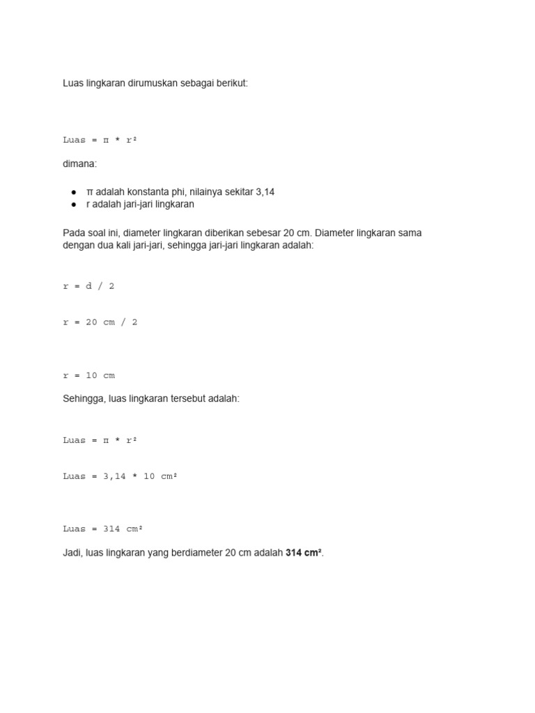 Luas Lingkaran Diameter 20 cm | PDF | Metode & Bahan Ajar | Griya & Taman