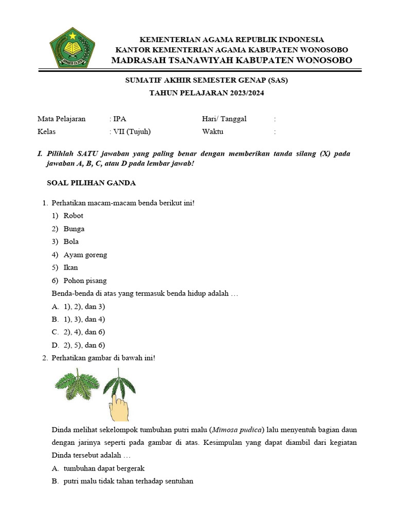 Soal CBT Sas Ipa Kelas 7 TH 2023-2024 Sem Genap | PDF