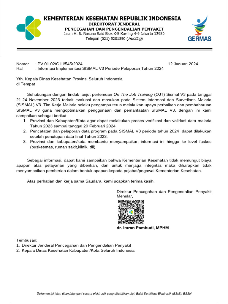 Surat Informasi Implementasi SISMAL V3 Periode Pelaporan Tahun 2024 | PDF | Bisnis