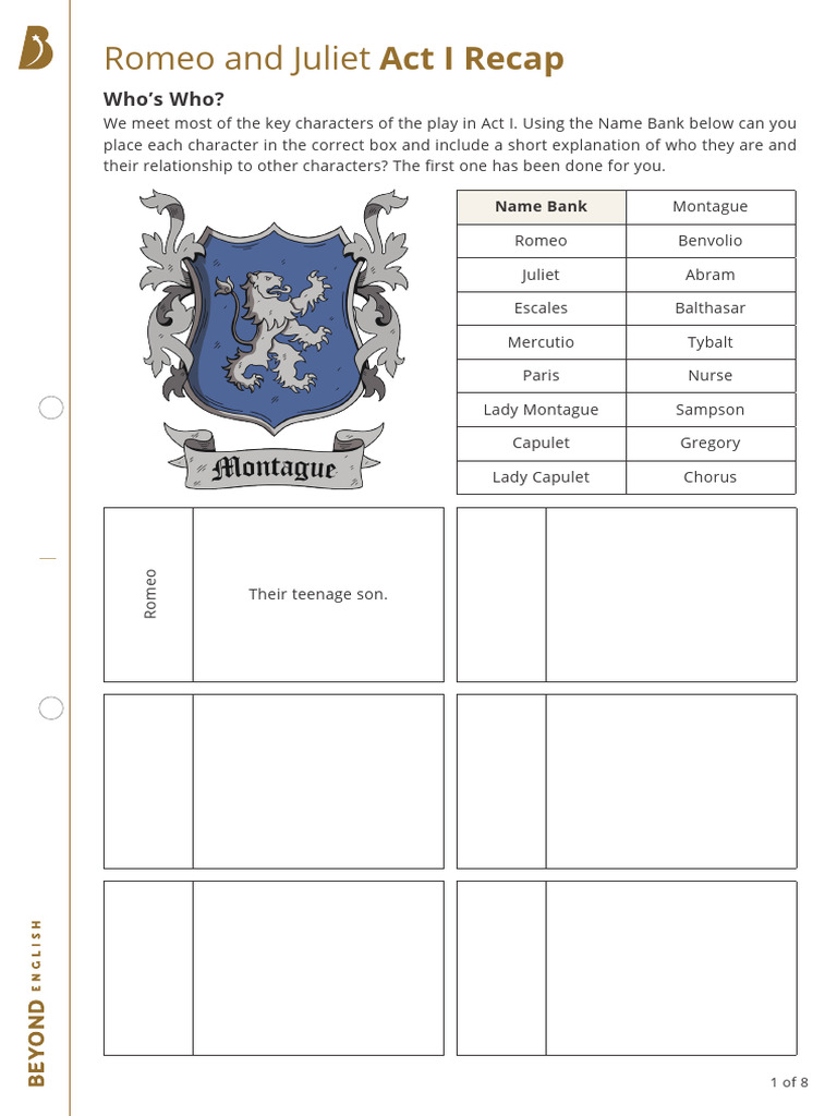 Romeo and Juliet Act I Character Guide | PDF | Characters In Romeo And ...
