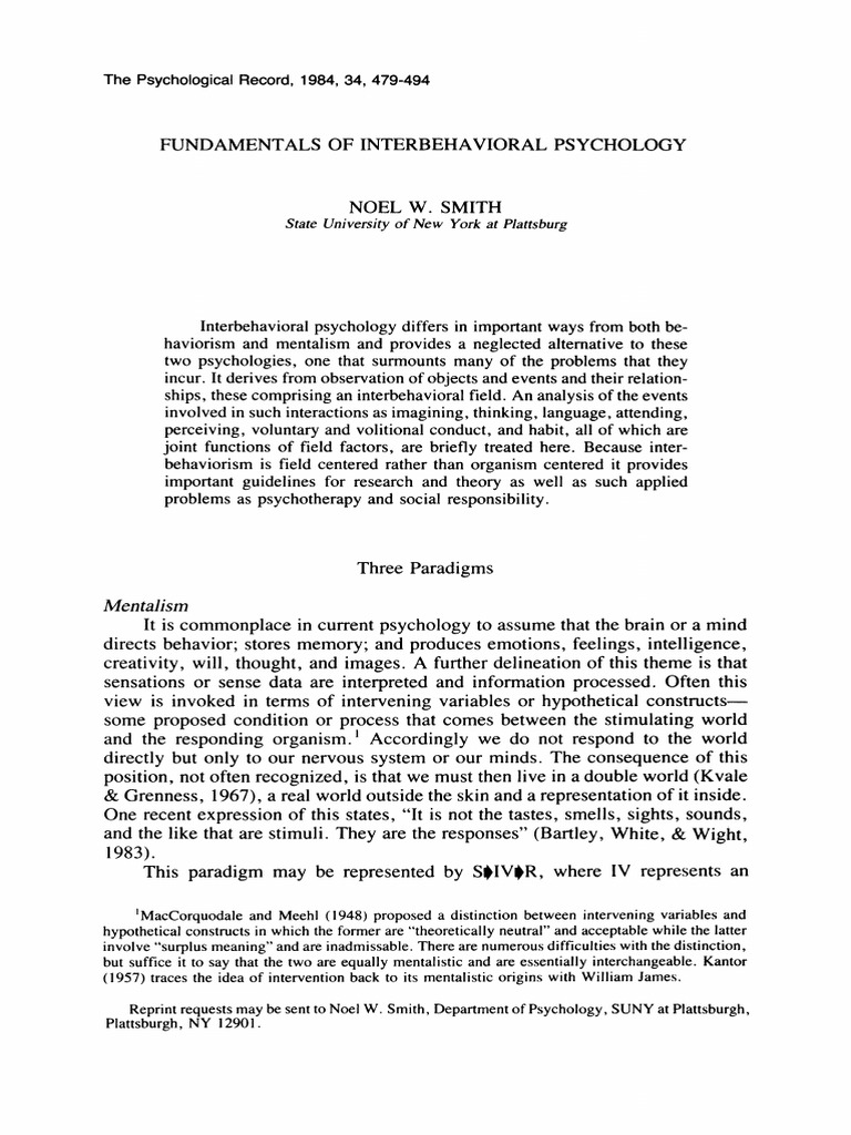 Smith, N. W. (1984) - Fundamentals of Interbehavioral Psychology | PDF ...