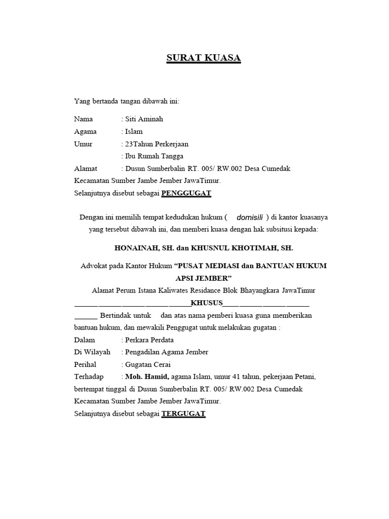 Surat Kuasa Cerai Gugat Kel.1 | PDF