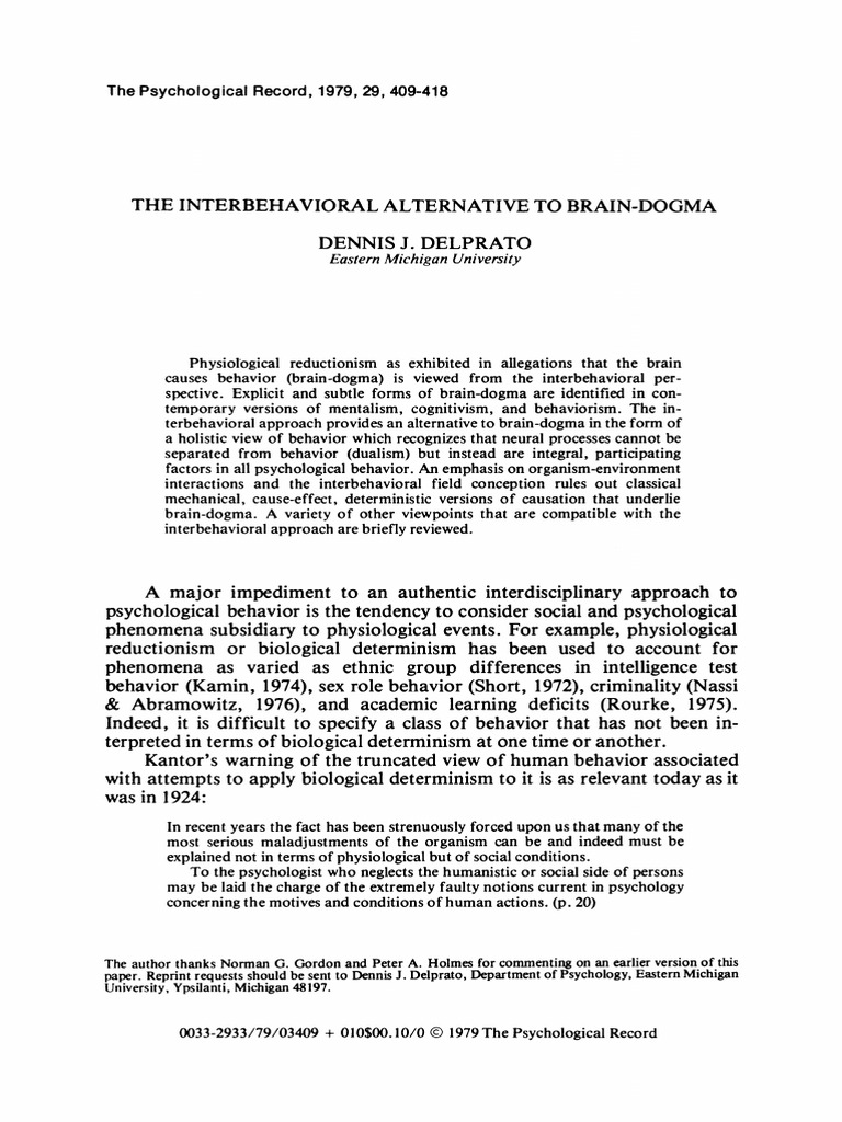 Delprato, D. J. (1979) - The Interbehavioral Alternative To Brain-Dogma | PDF | Psychology ...