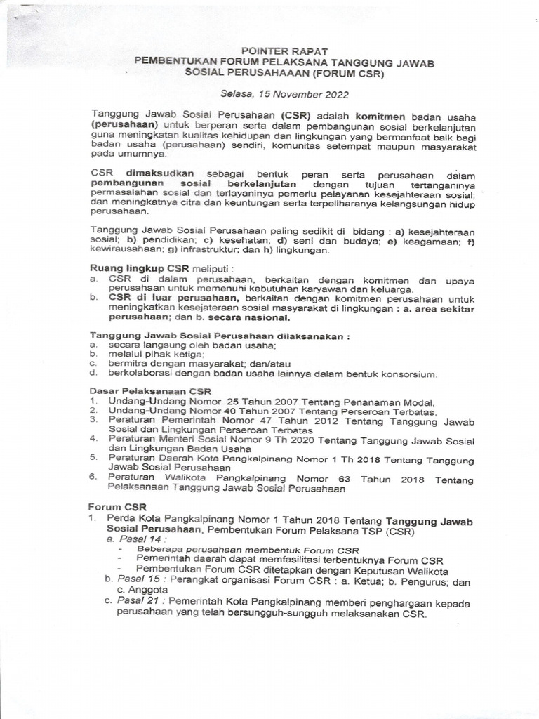 Pointer Rapat Pembentukan Forum Pelaksanaan Tanggung Jawab Sosial Perusahaan - 0001 | PDF