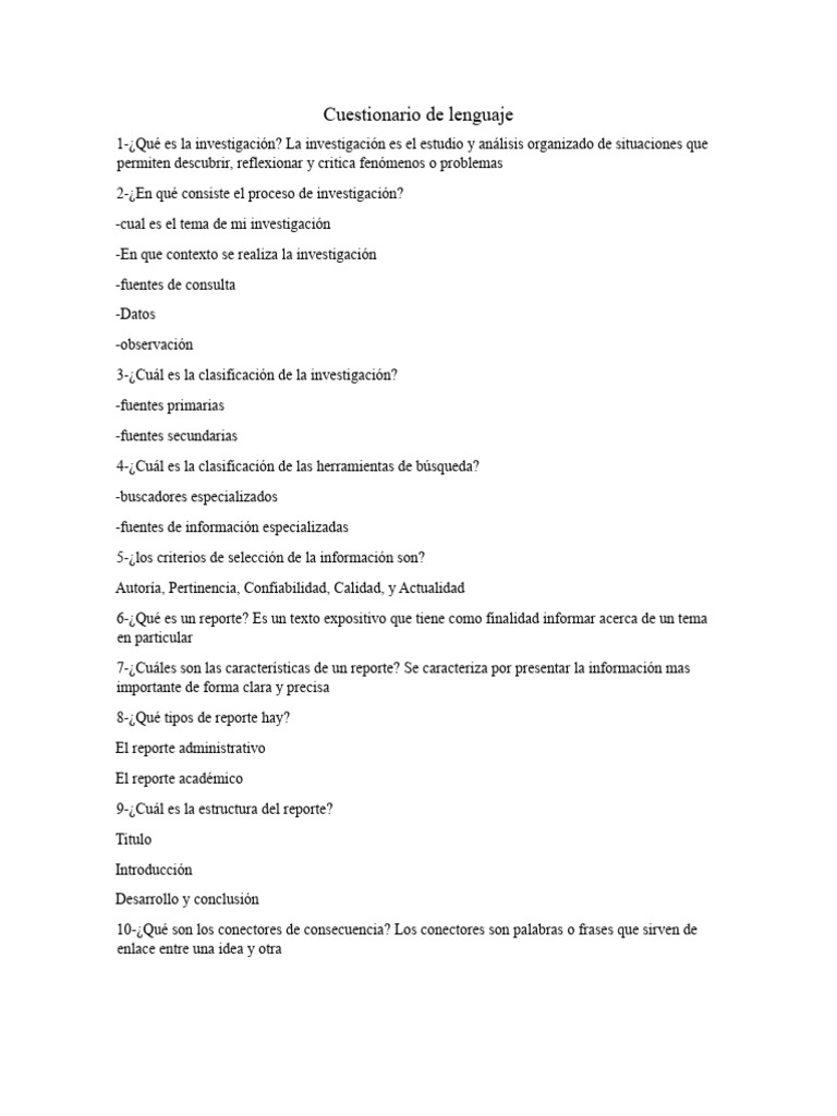 Cuestionario De Lenguaje | Pdf | Información | Educación En Artes Liberales