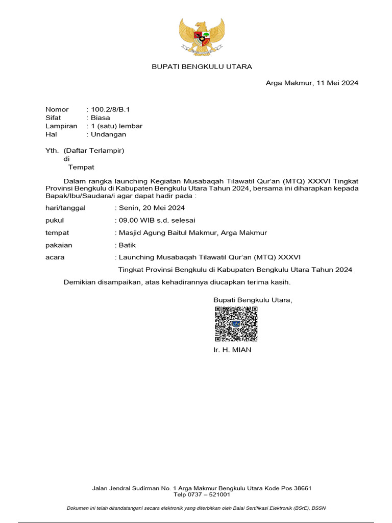 Surat Undangan Bupati Bengkulu Utara Launching MTQ | PDF