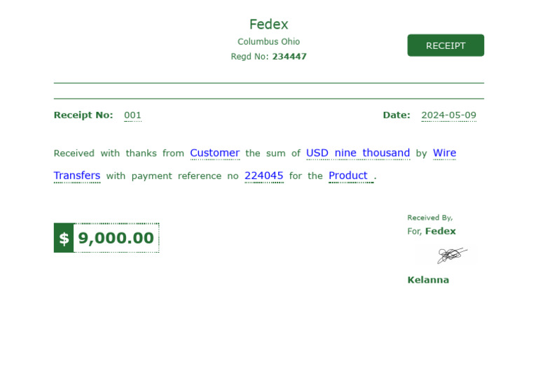 FedEx Payment Receipt $9,000 | PDF