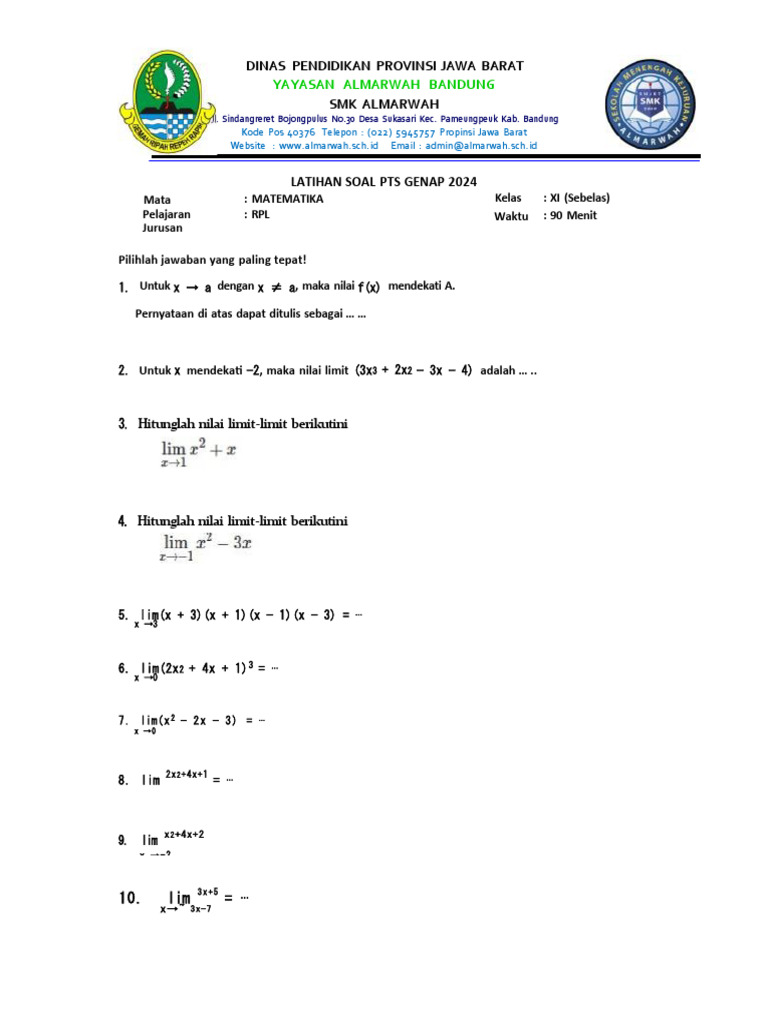 Latihan Soal PTS Genap MTK XI RPL | PDF