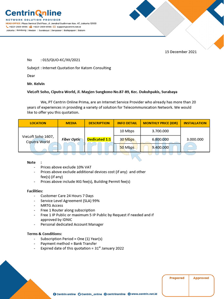 Penawaran Dedicated Internet Centrin Online Pada Site Soho VieLoft 1607 ...
