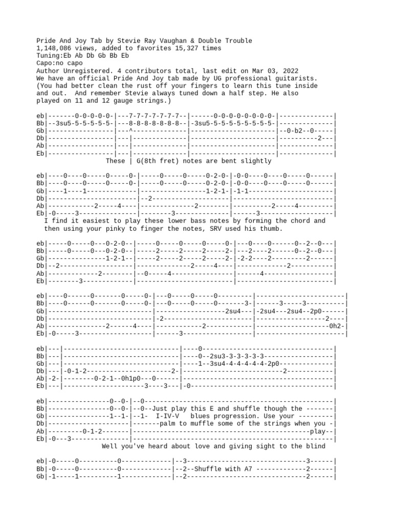 Pride and Joy Tab by Stevie Ray Vaughan & Double Trouble | PDF ...