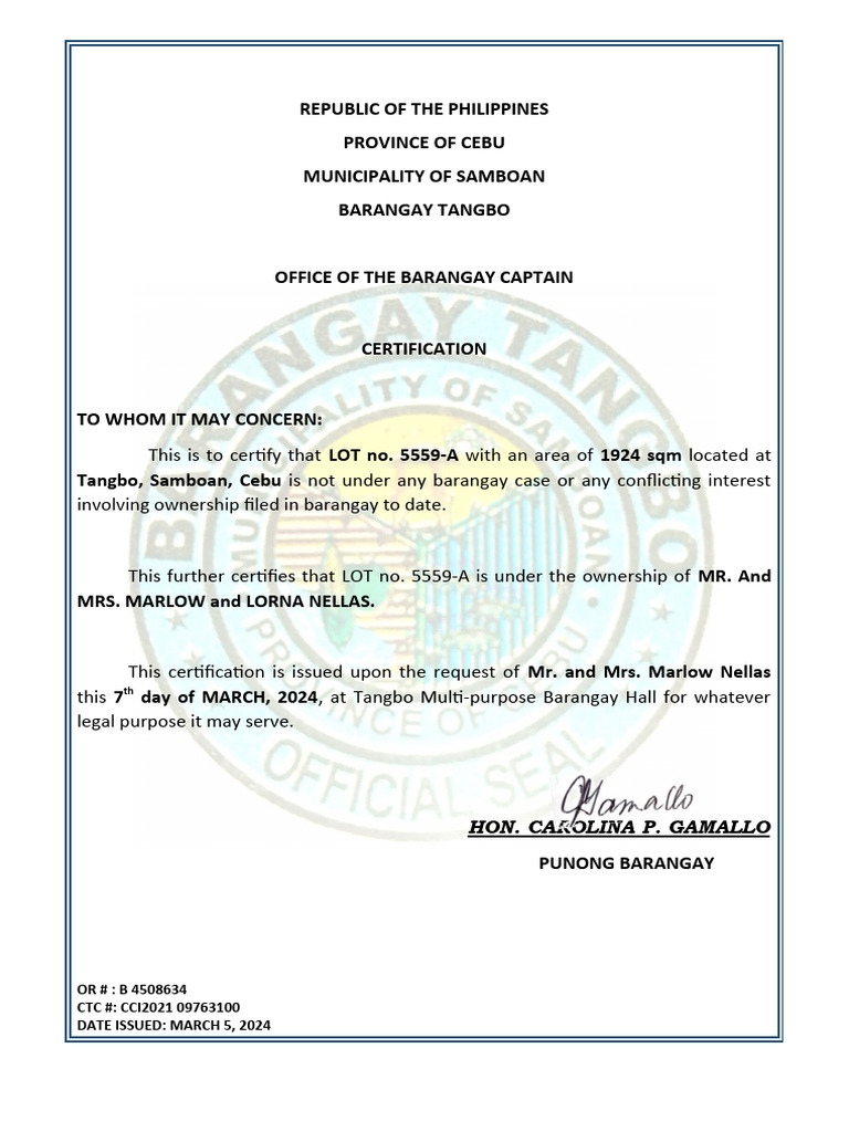 CERTIFICATION Lot Not Under Litigation | PDF