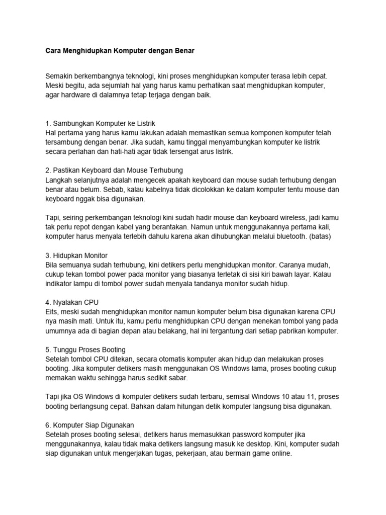 Cara Menghidupkan Komputer Dengan Benar | PDF Cara Menghidupkan Komputer Dengan Benar | PDF